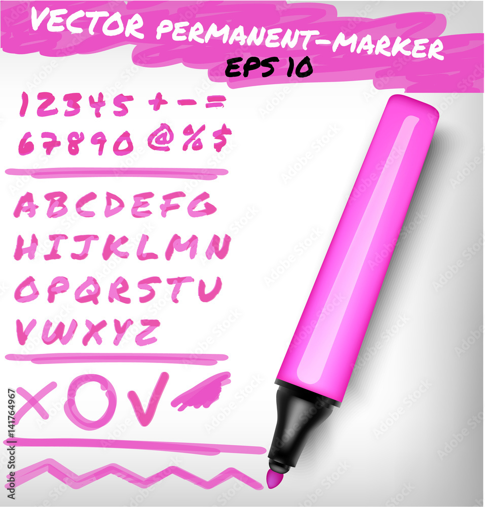 Pink color open permanent marker pen, handwritten digits set, numerals ...