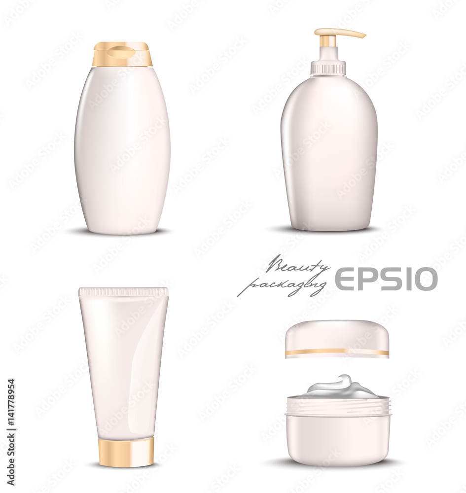 Premium cosmetics mock-up set light pink color on white background. Vector Illustration bottle ...