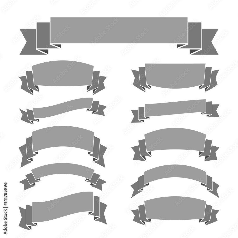 Gray ribbon banners set. Vintage decoration elements isolated on white ...