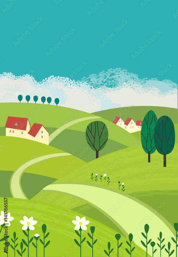 Country landscape. Freehand drawn cartoon outdoors style. Farm houses ...