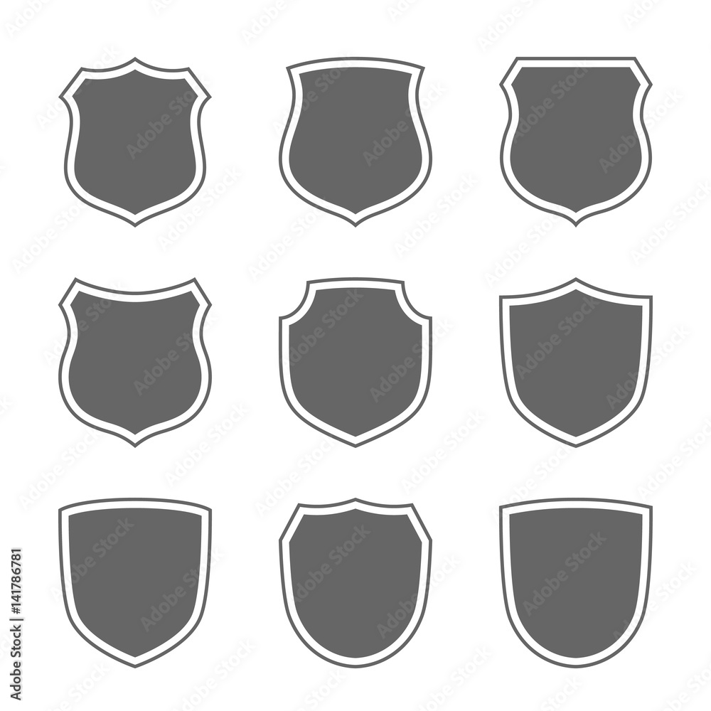 Shield shape icons set. Gray label signs isolated on white. Symbol of ...