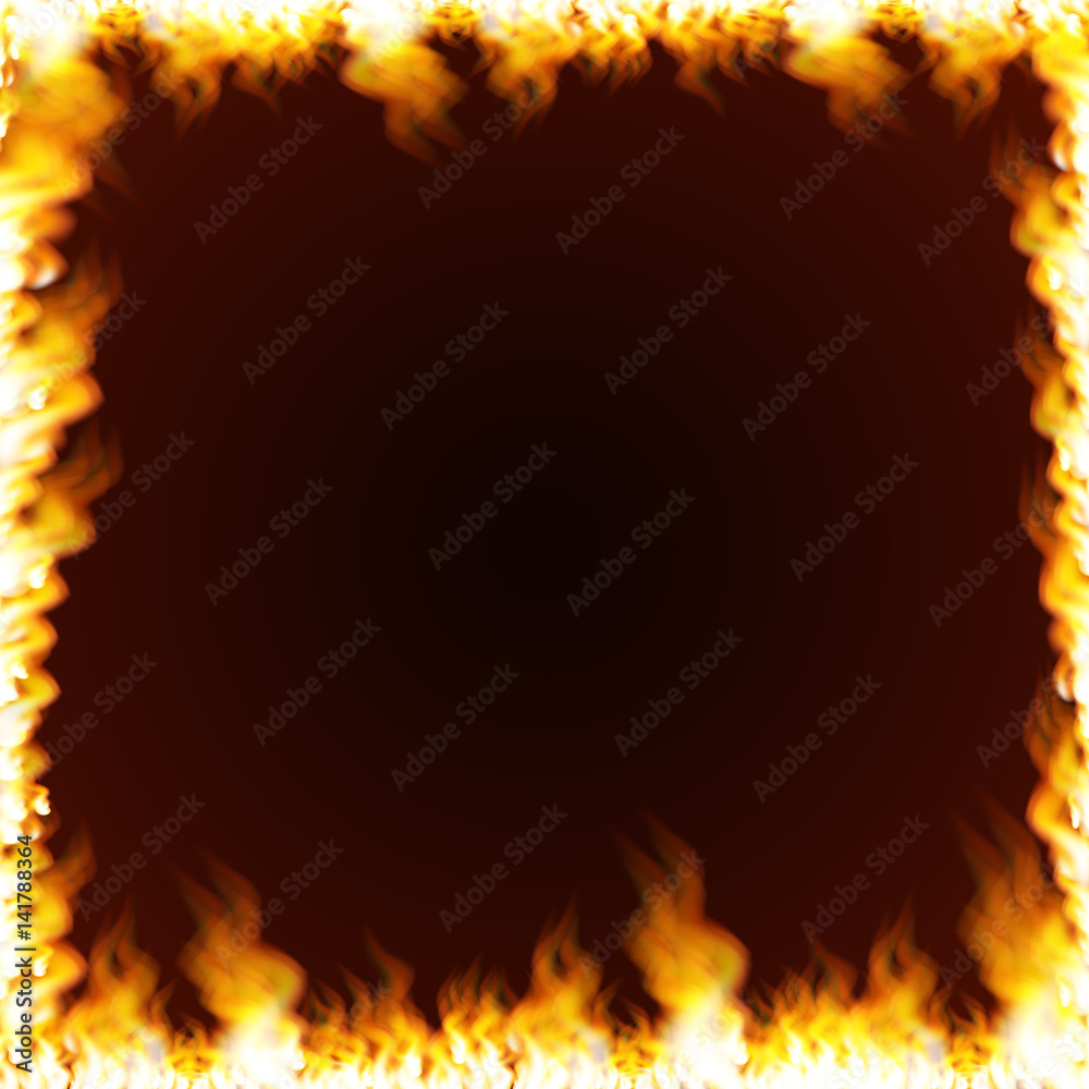 Rectangular frame with text space surrounded with realistic flame ...