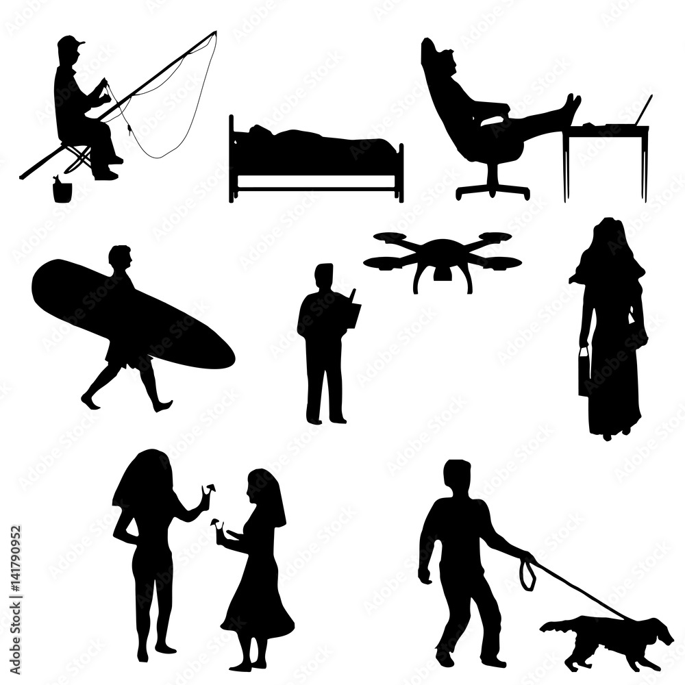 Silhouettes depicting active and passive recreation of people. Black ...