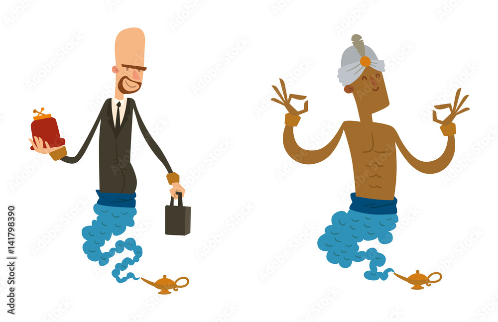 Cartoon genie character magic lamp vector illustration treasure aladdin ...