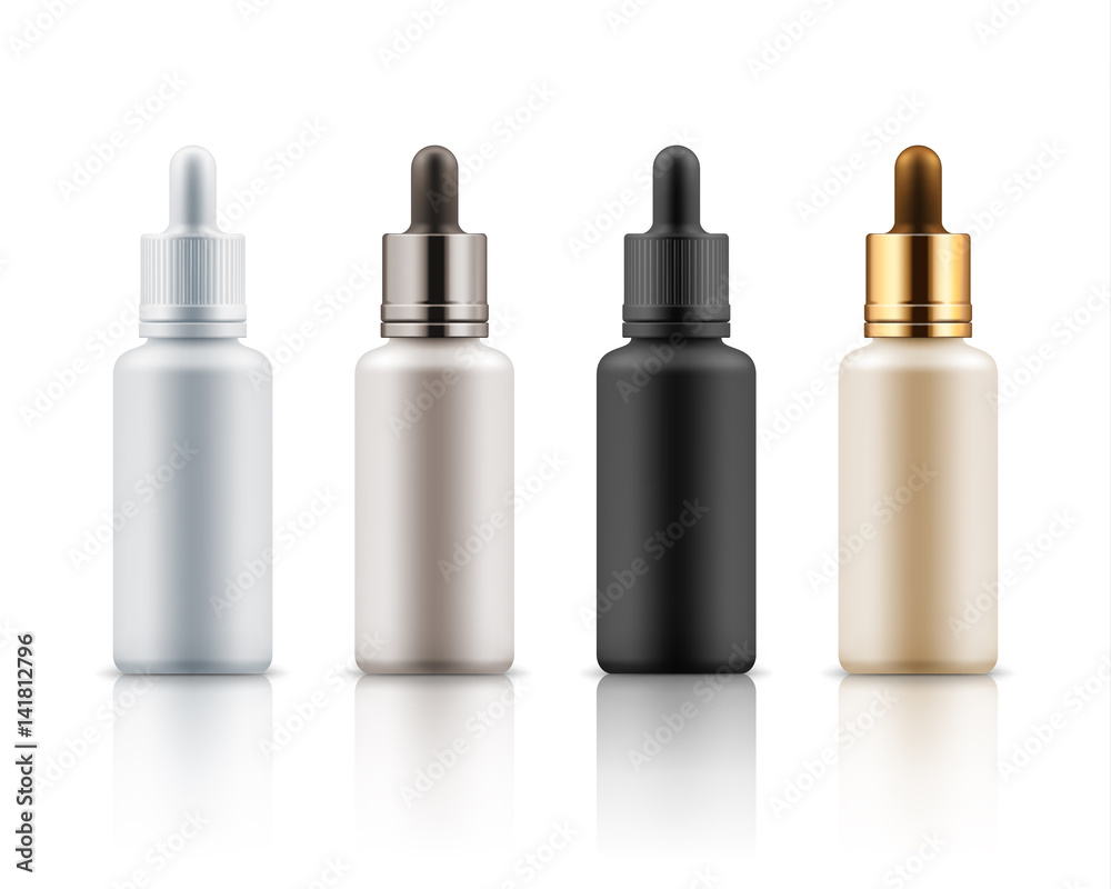Set of realistic glass bottles with dropper. Cosmetic flask or vials ...