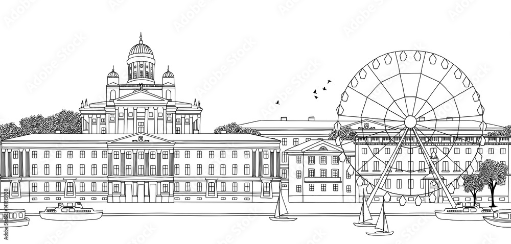 Helsinki, Finland - Seamless banner of the city’s skyline, hand drawn ...