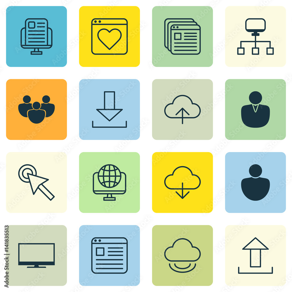 Set Of 16 Web Icons. Includes Computer Network, Send Data, Blog Page ...