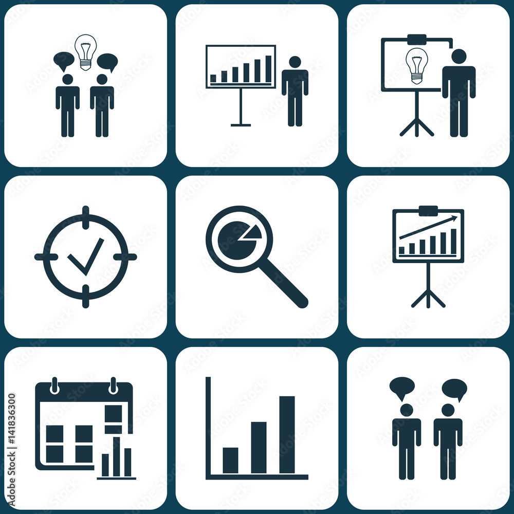 Set Of 9 Management Icons. Includes Project Analysis, Approved Target ...