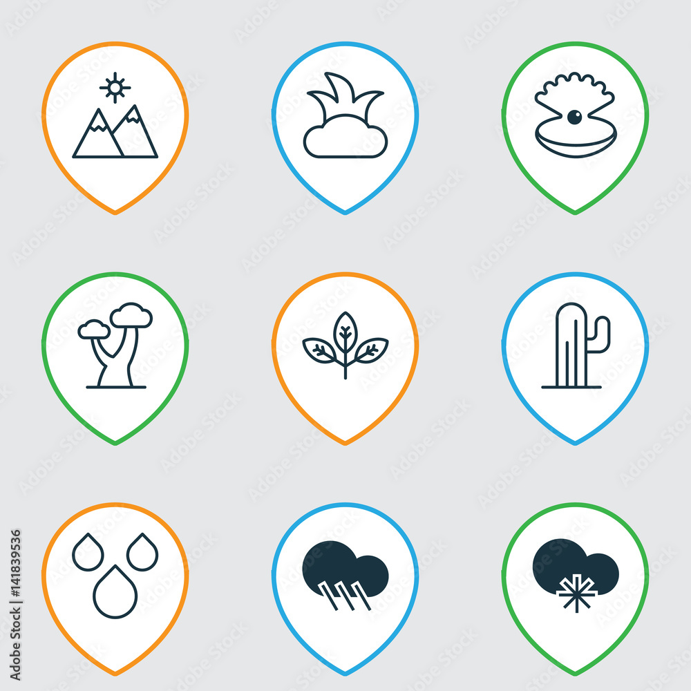 Set Of 9 Nature Icons. Includes Bush, Sprout, Raindrop And Other ...