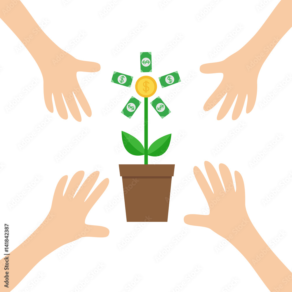 Four Hands arm reaching to Growing money tree shining coin with dollar ...