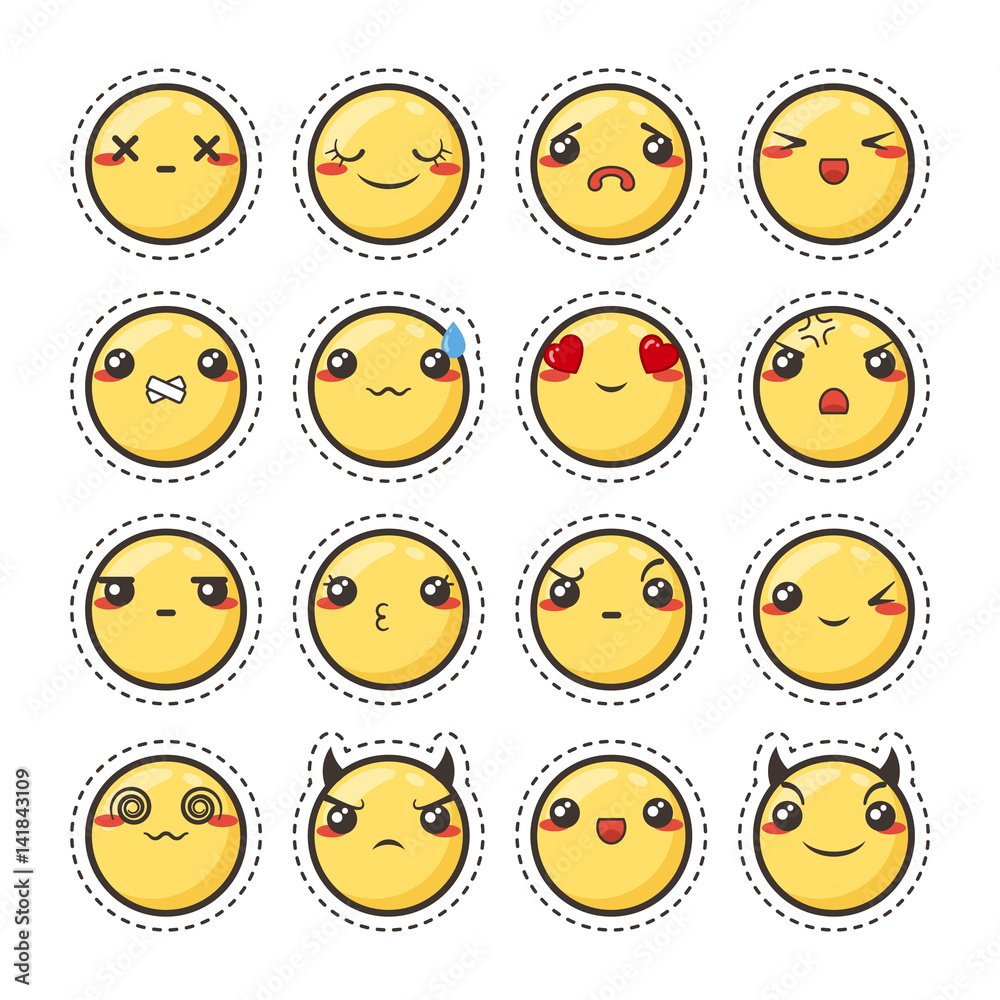 Set of cute lovely kawaii emoticon. Sticker collection. Stock Vector ...