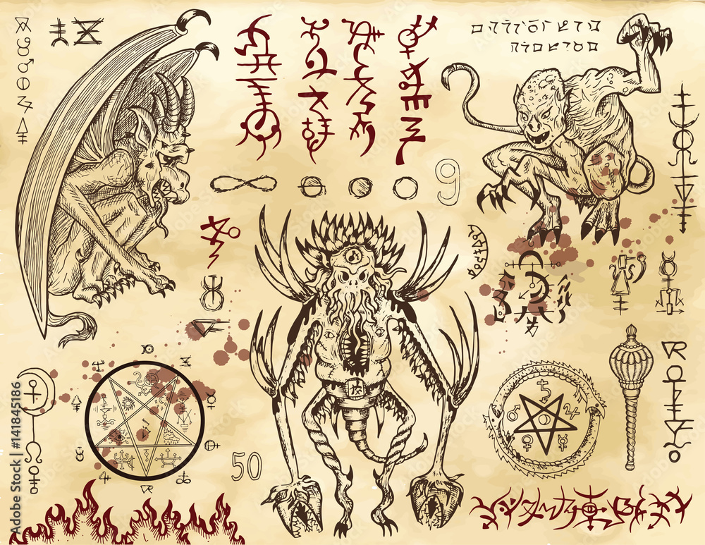 Demon collection with mystic and occult symbols. Graphic vector ...