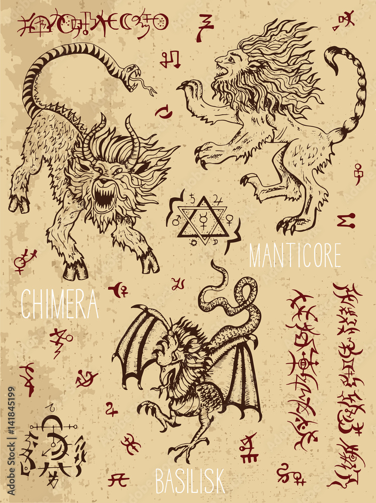 Monsters set with occult and mystic symbols. Graphic vector ...
