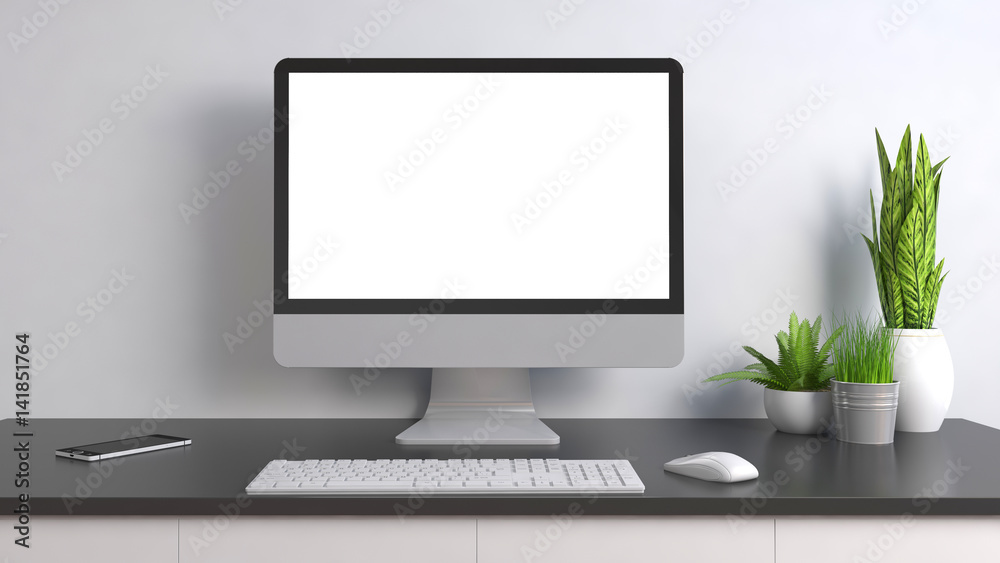 computer with white screen on office table. 3D illustration Stock ...