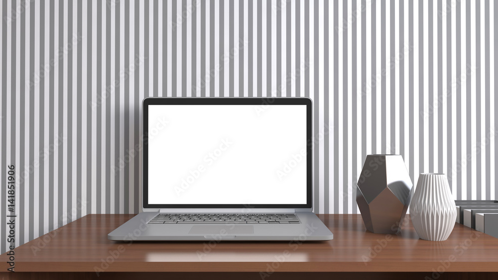 computer with white screen on office table. 3D illustration Stock ...