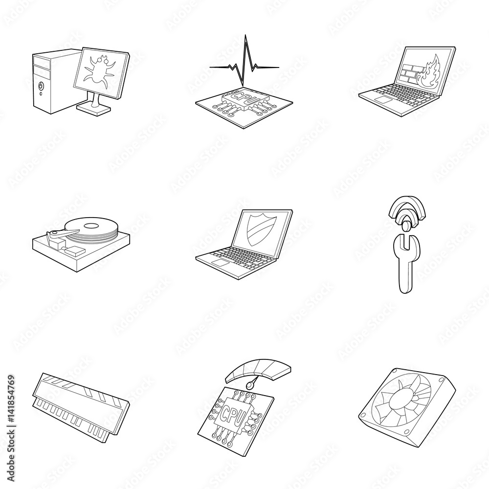 Computer setup icons set, outline style Stock Vector | Adobe Stock