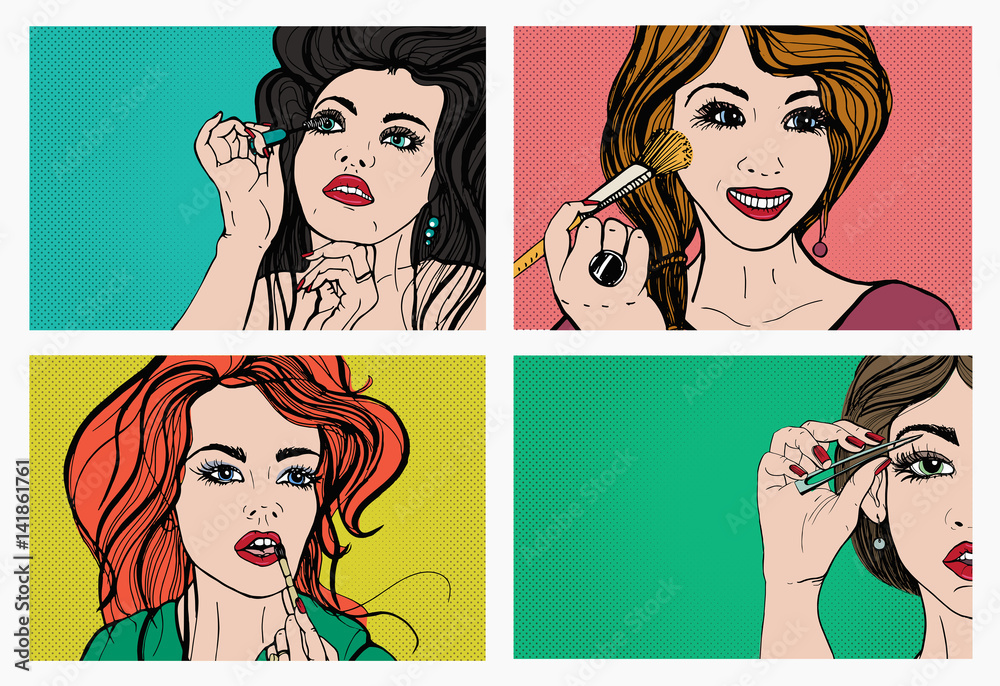 Woman doing makeup. Beautiful girls with cosmetics, lipstick, eyebrows ...