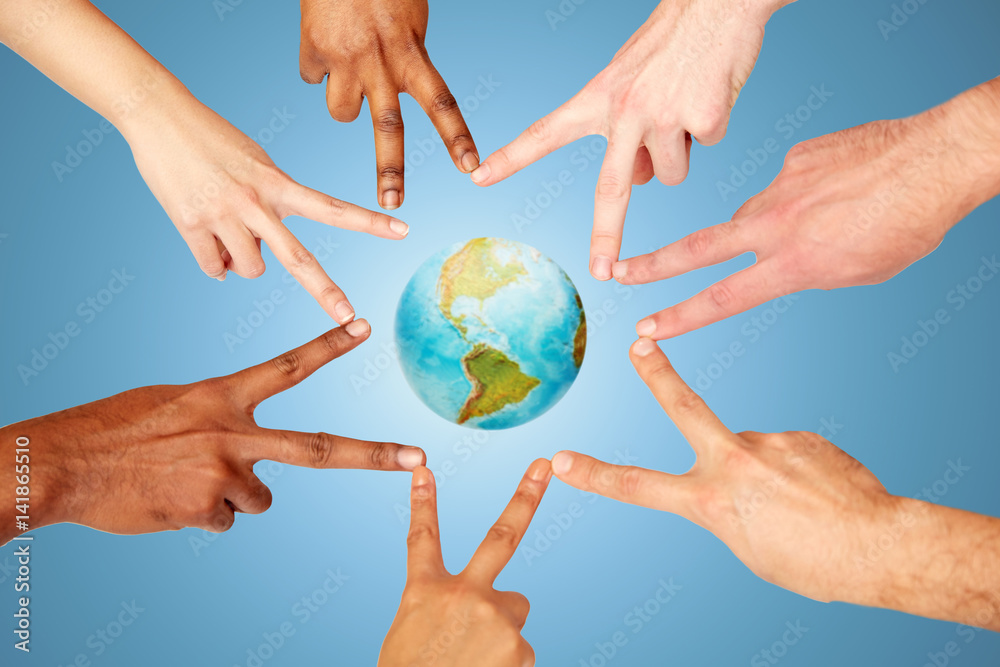 group of international people showing peace sign Stock Photo | Adobe Stock