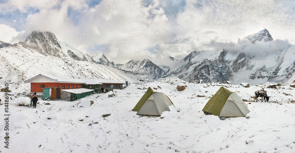 Panorama of the Gorak Shep village after night snow storm. Everest Base ...