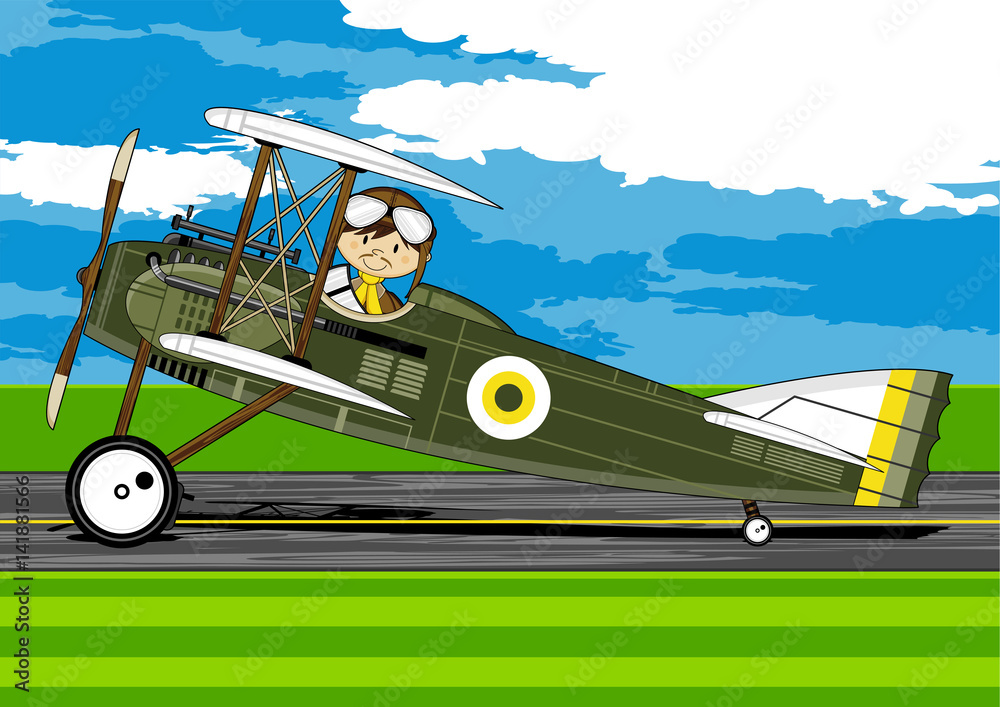 Cute Cartoon Pilot and Biplane Stock Vector | Adobe Stock