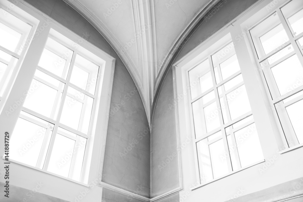 white sky out circle series window, interior with grunge wall. round ...