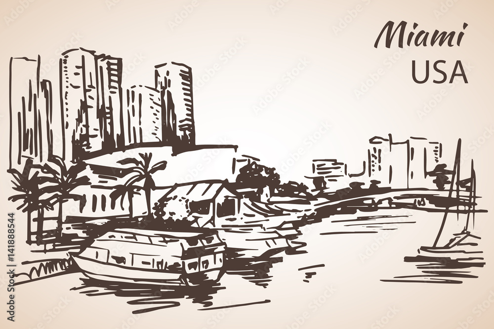 Hand drawn Miami city sketch. Stock Vector | Adobe Stock