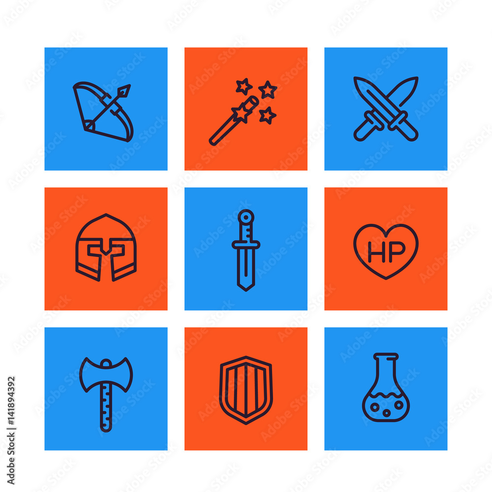 Game icons, RPG, fantasy items, swords, magic wand, bow, helmet, potion ...