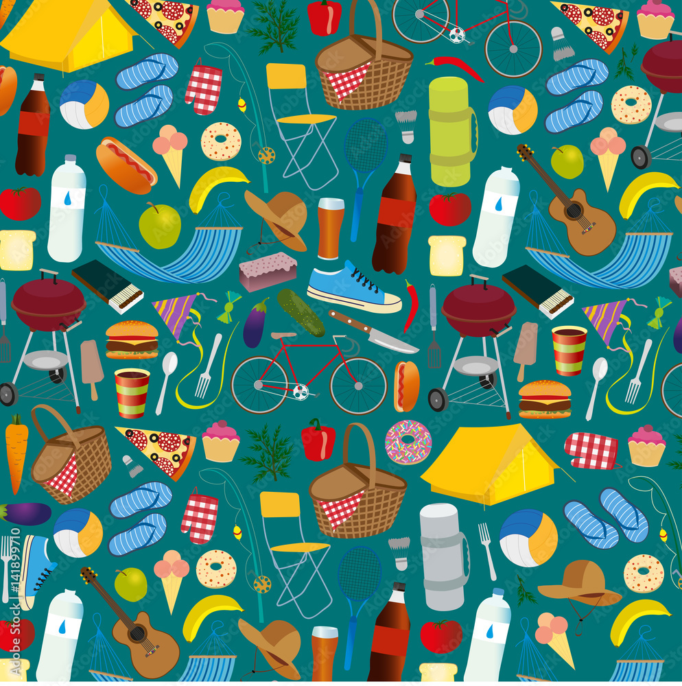 Vector pattern from a set of products for a picnic and a vacation ...
