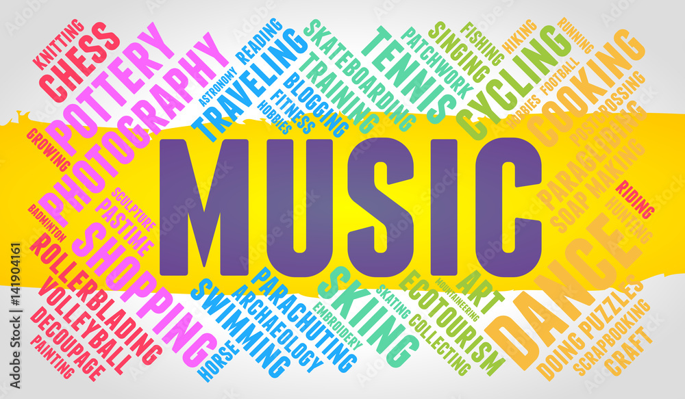 Music. Word cloud, multicolor font, yellow stripe, grey gradient ...