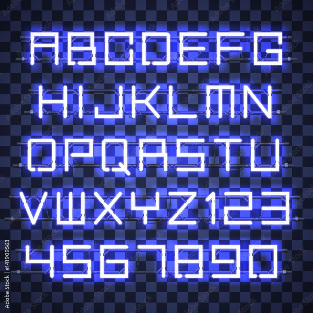 Glowing blue Neon Alphabet with letters from A to Z and digits from 0 ...