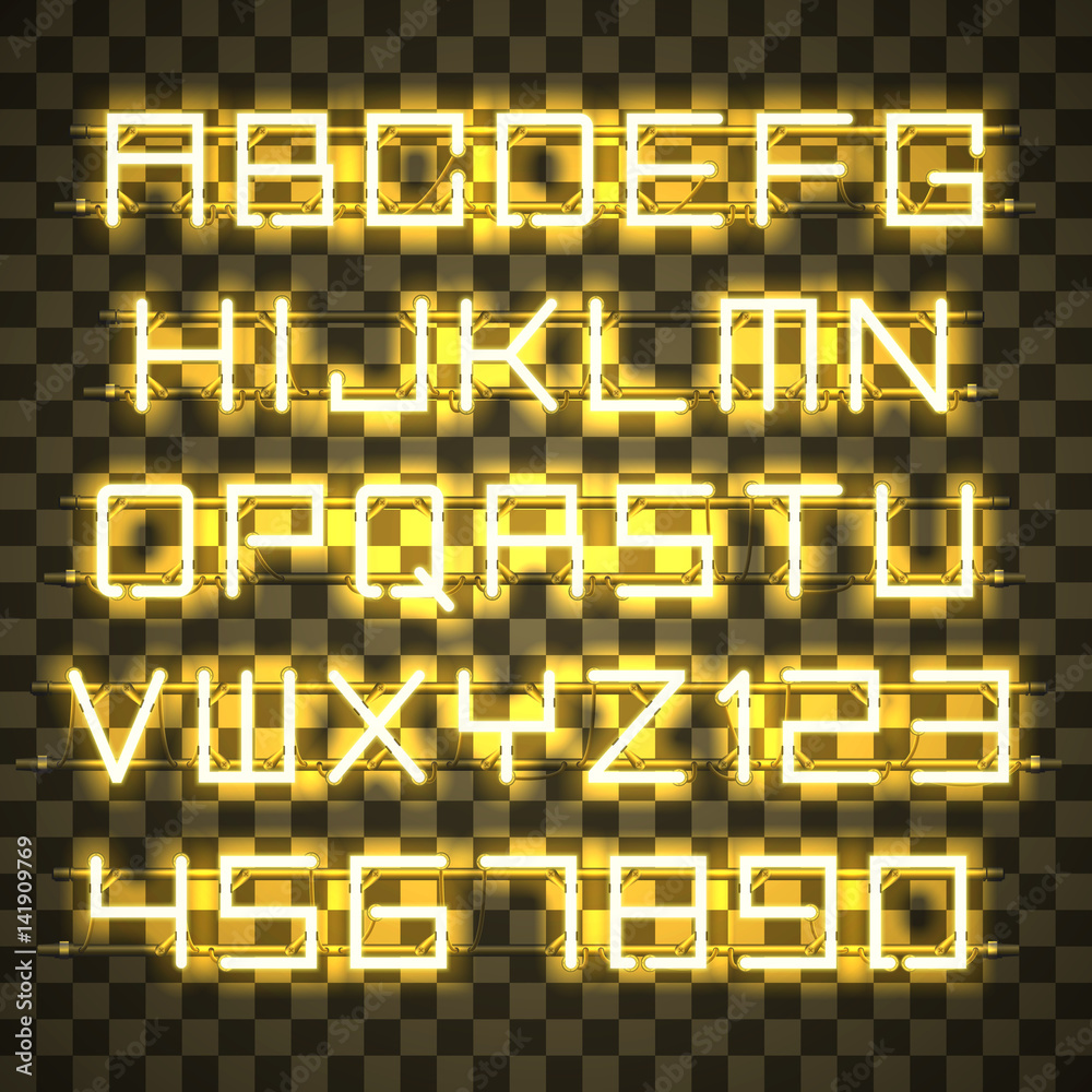 Glowing yellow Neon Alphabet with letters from A to Z and digits from 0 ...