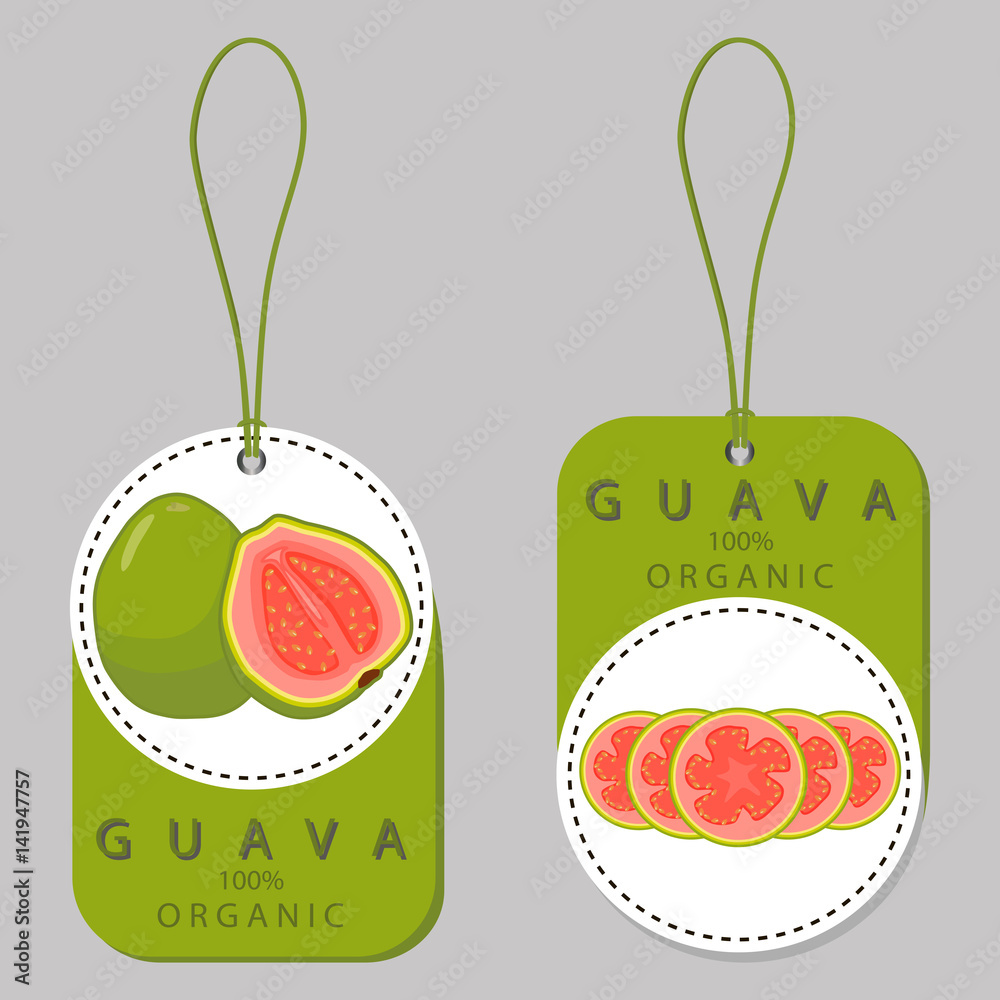 Vector illustration logo for whole ripe fruit red guava,cut half sliced ...