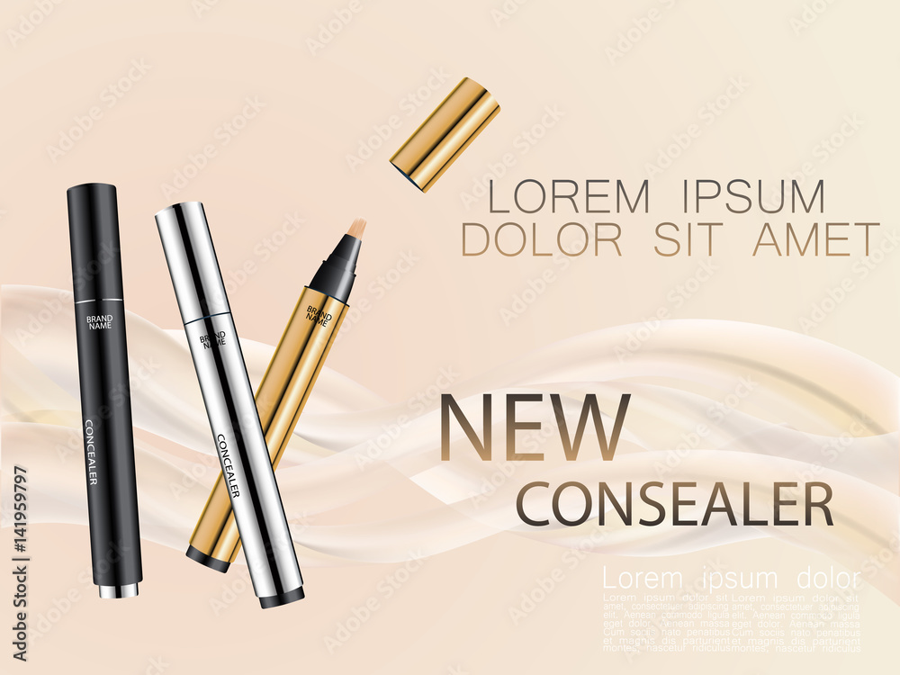 Cosmetic ads gold, black and silver concealers with cream waves on ...