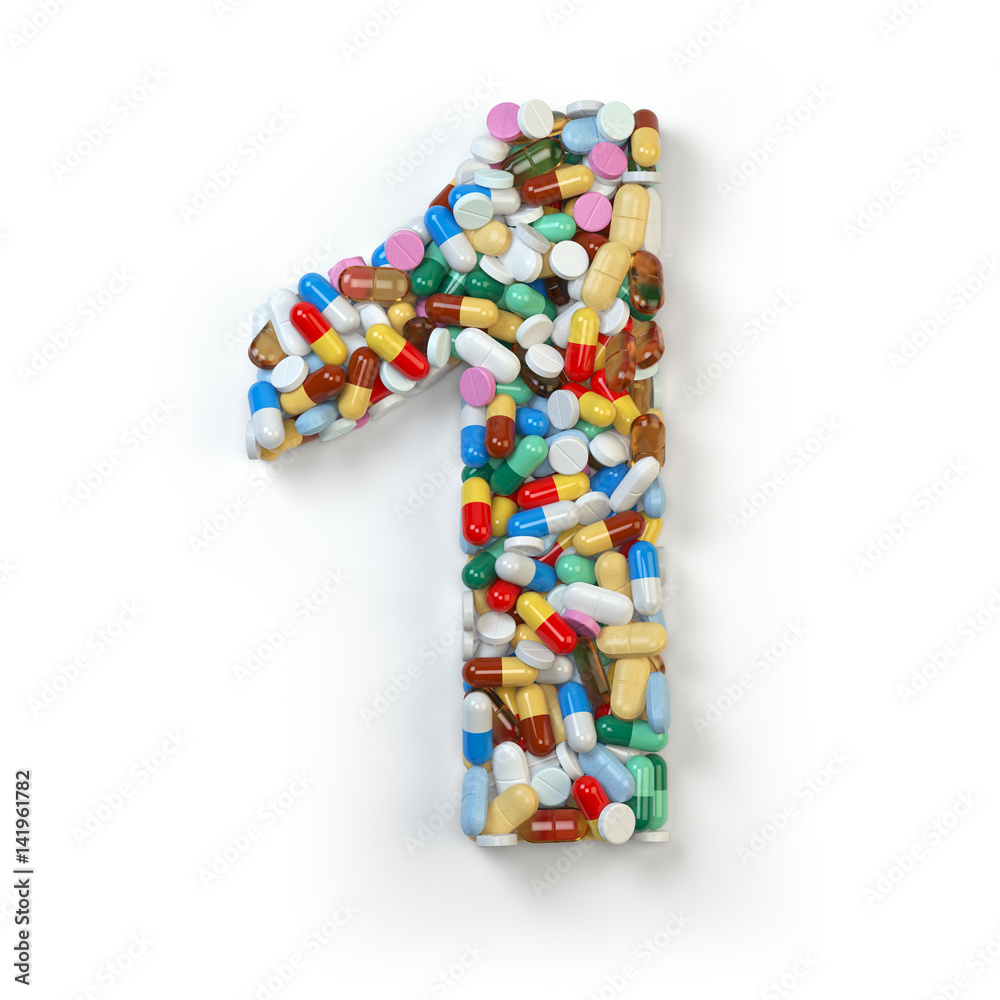 Number 1 one. Set of alphabet of medicine pills, capsules, tablets and ...