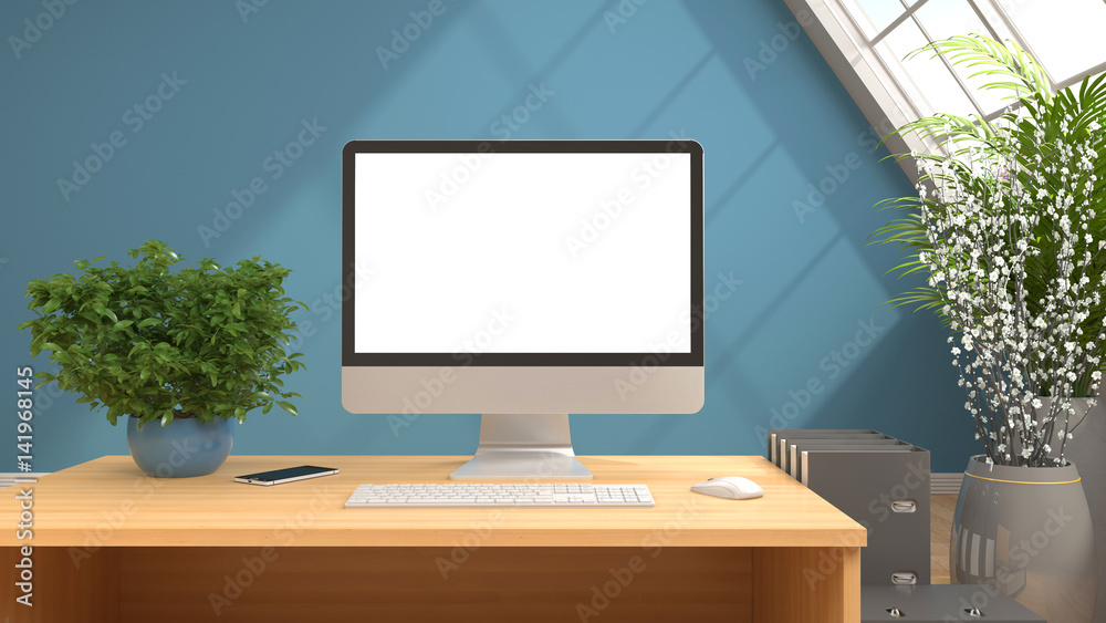 computer with white screen on office table. 3D illustration Stock ...