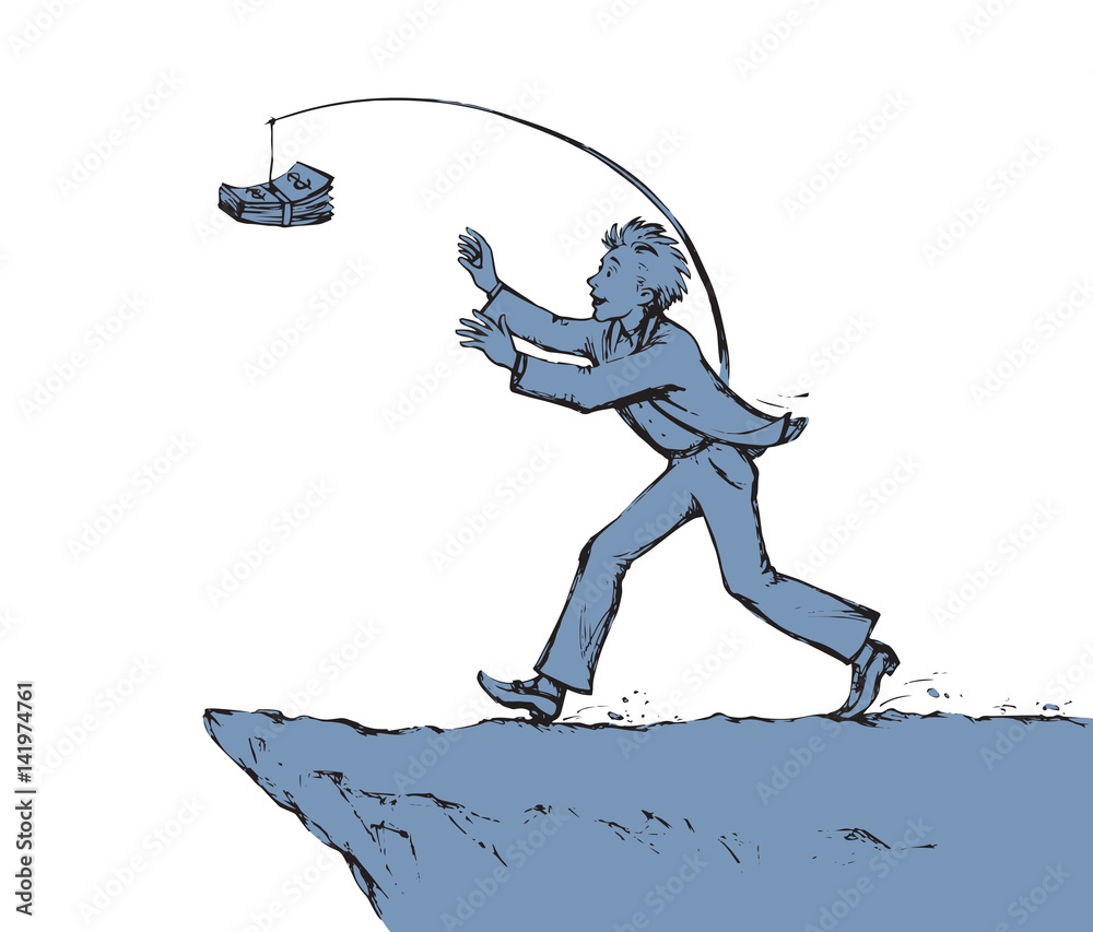Man chasing money over a precipice. Vector drawing Stock Vector | Adobe ...