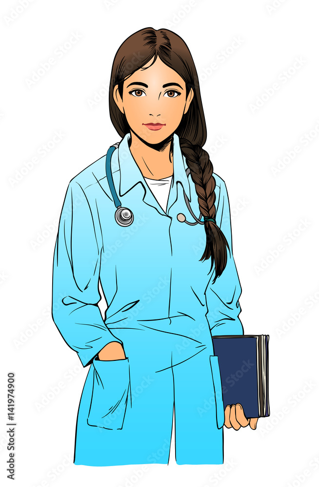 Sketch illustration of young woman doctor or a nurse, isolated on white ...