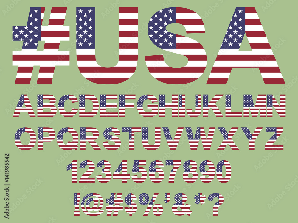Flat USA Flag font alphabet, numbers and symbols stylized by United ...