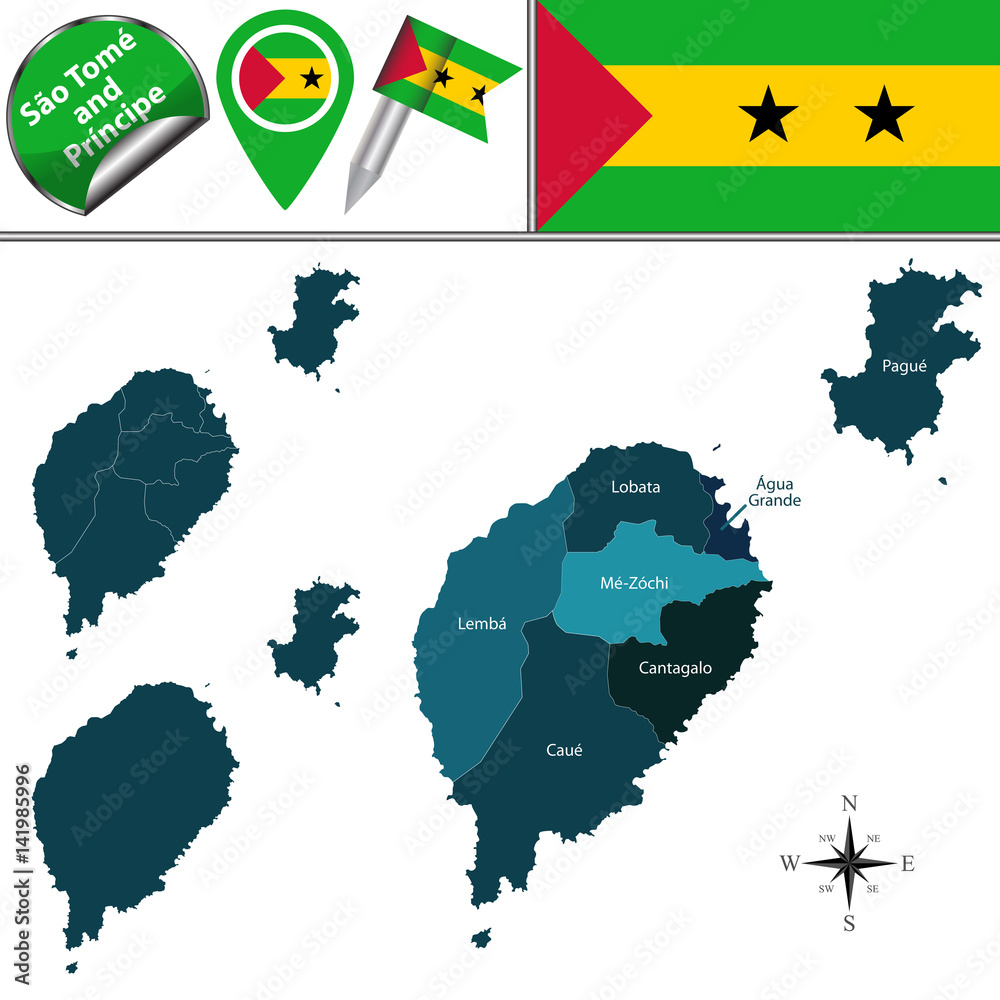 Map of Sao Tome and Principe with Named Districts Stock Vector | Adobe ...