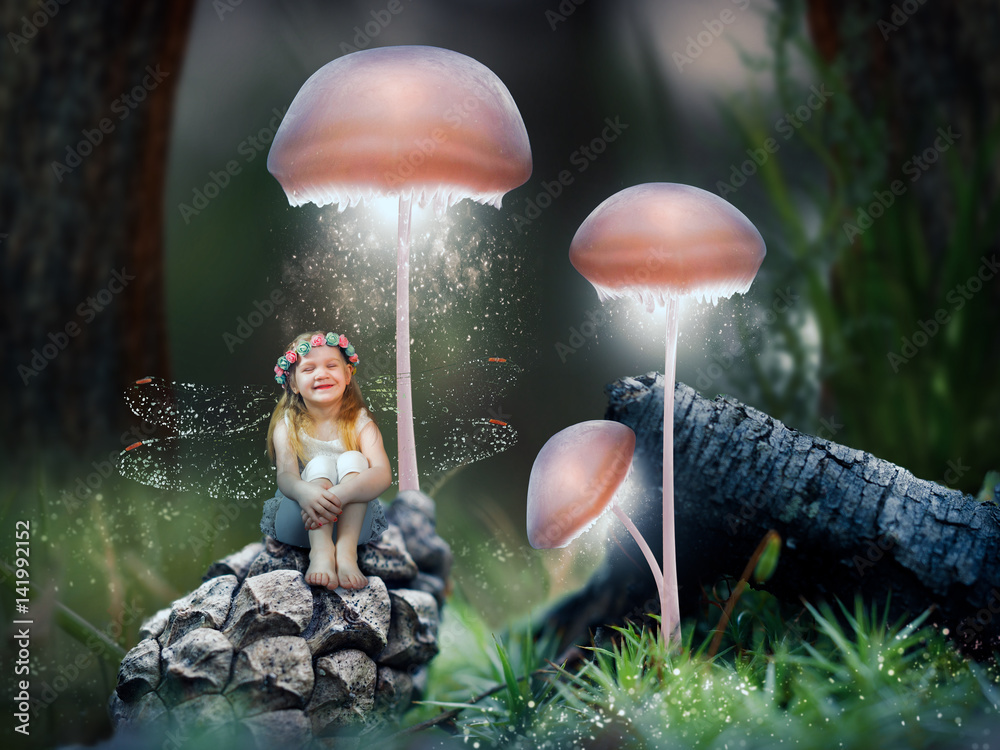Stockfoto Little girl fairy in a magical fairy forest. A fairy tale for ...