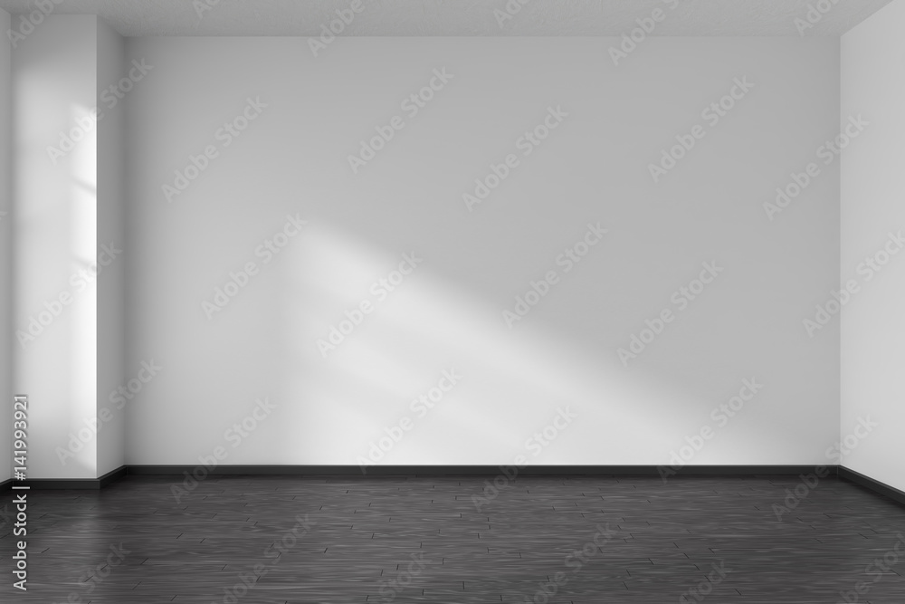 Empty room with angle with black parquet floor and white walls Stock ...