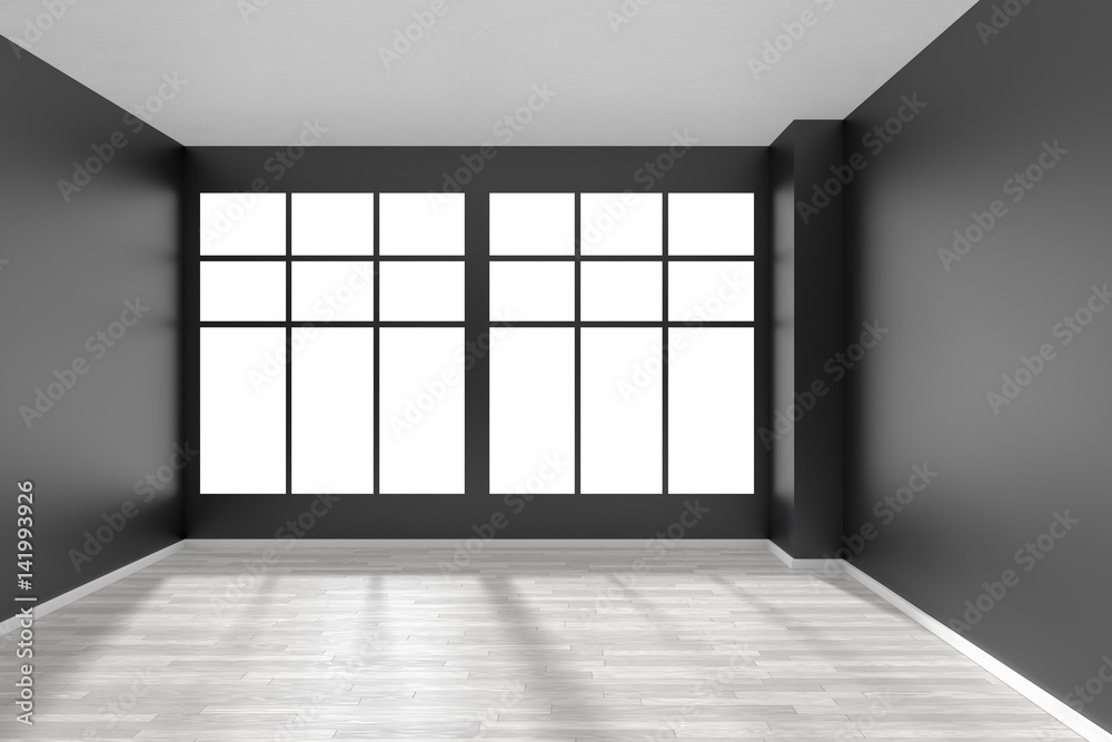 Empty room with white parquet floor, black walls and window front view ...