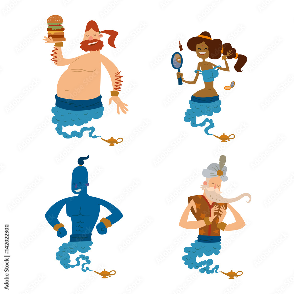 Cartoon genie character magic lamp vector illustration treasure aladdin ...
