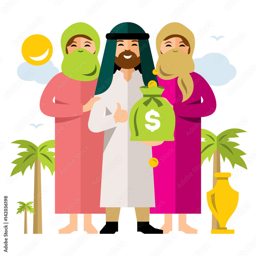 Vector Polygamy. Saudi man and his harem. Flat style colorful Cartoon ...
