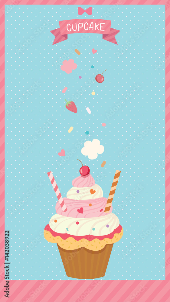 Cupcake menu poster decoration on blue background and spread toppings ...