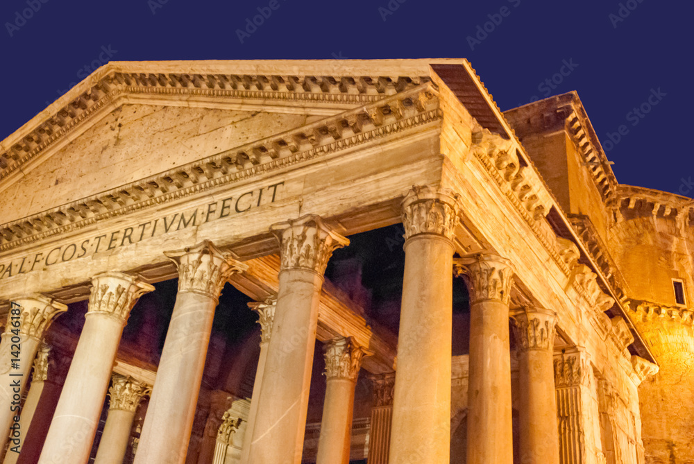 Pantheon at Night in Rome's Golden Light Street Lamps II (Inscription ...
