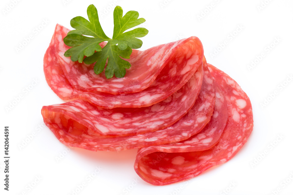 Salami smoked sausage slices isolated on white background cutout. Stock Photo | Adobe Stock