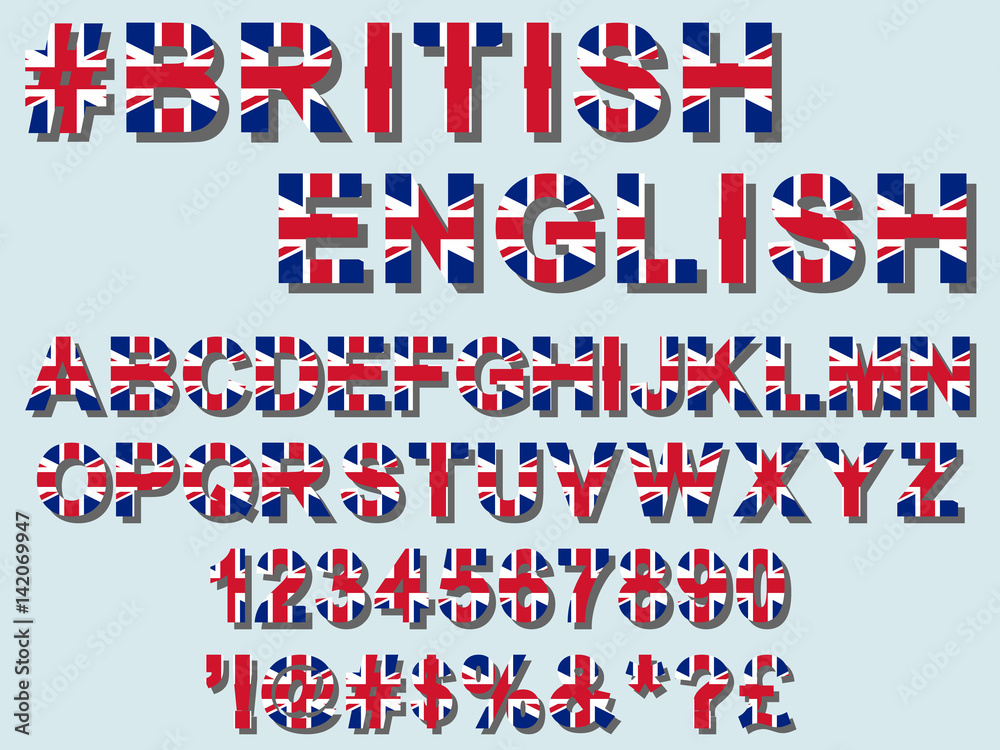 Flat british flag font alphabet, numerals and symbols stylized by ...