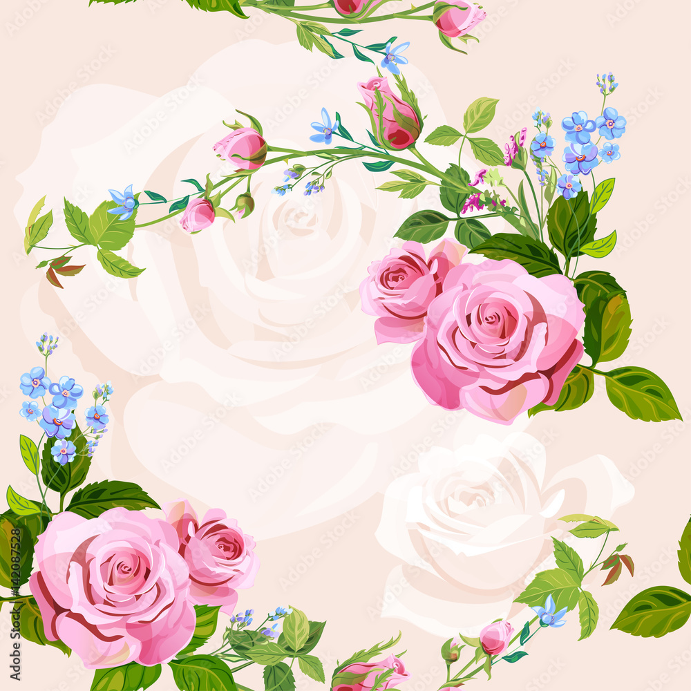 Vector square floral seamless pattern with branch curly pink rose ...