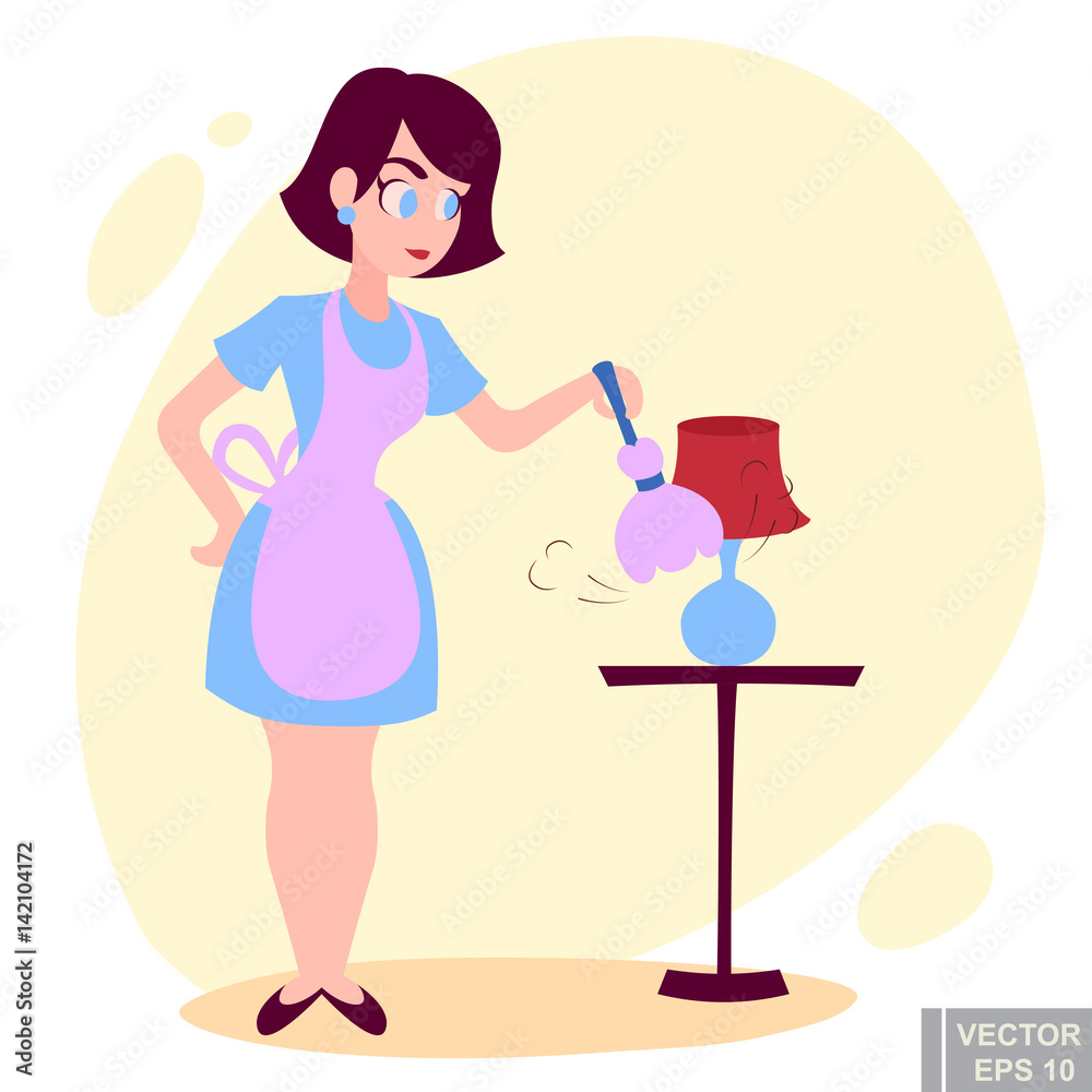 Cartoon cute girl with arpor and duster. Mother Ready for cleaning ...